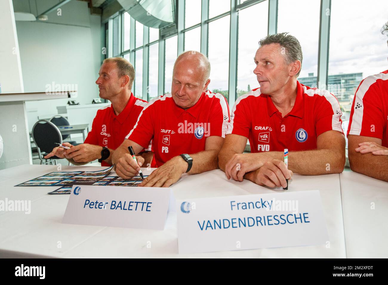 Gent's head coach Jess Thorup, Gent's assistant coach Peter Balette and ...