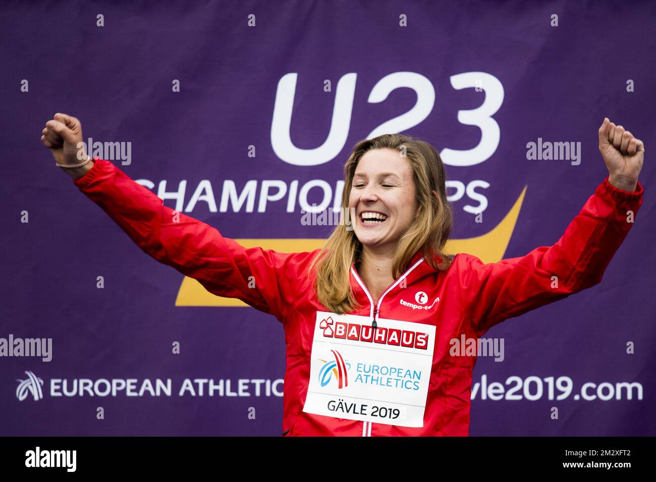 Belgian Paulien Couckuyt celebrates on the podium after winning the ...