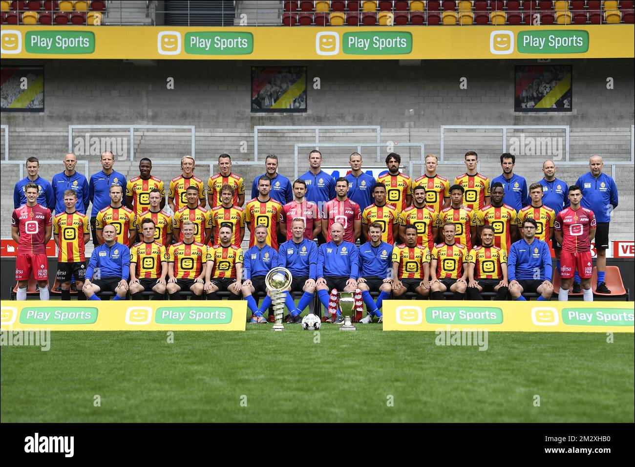 First row (L-R), Mechelen's physiotherapist Christophe Sintebin ...