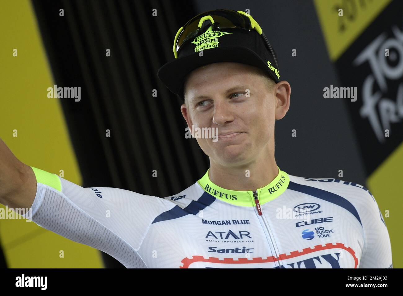 Aime De Gendtt of Wanty-Gobert Cycling Team celebrates on the podium as ...