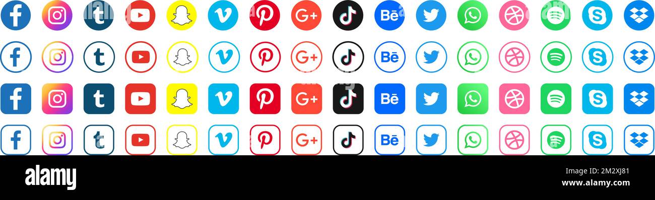 Social media icons or social network logos flat vector icon set ...