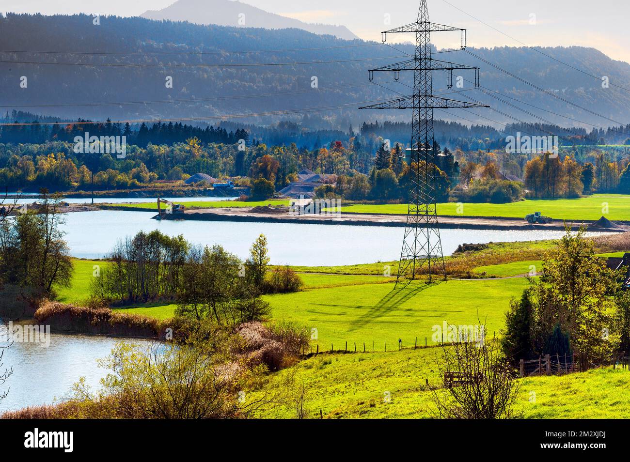 Autumn lake landscape with gravel extraction near Waltenhofen-Eggen ...