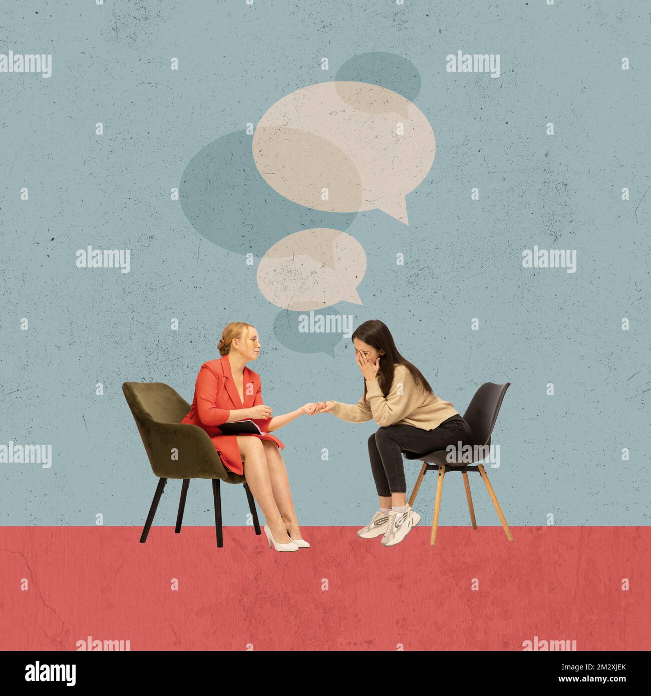 Contemporary art collage about young woman meeting with professional ...