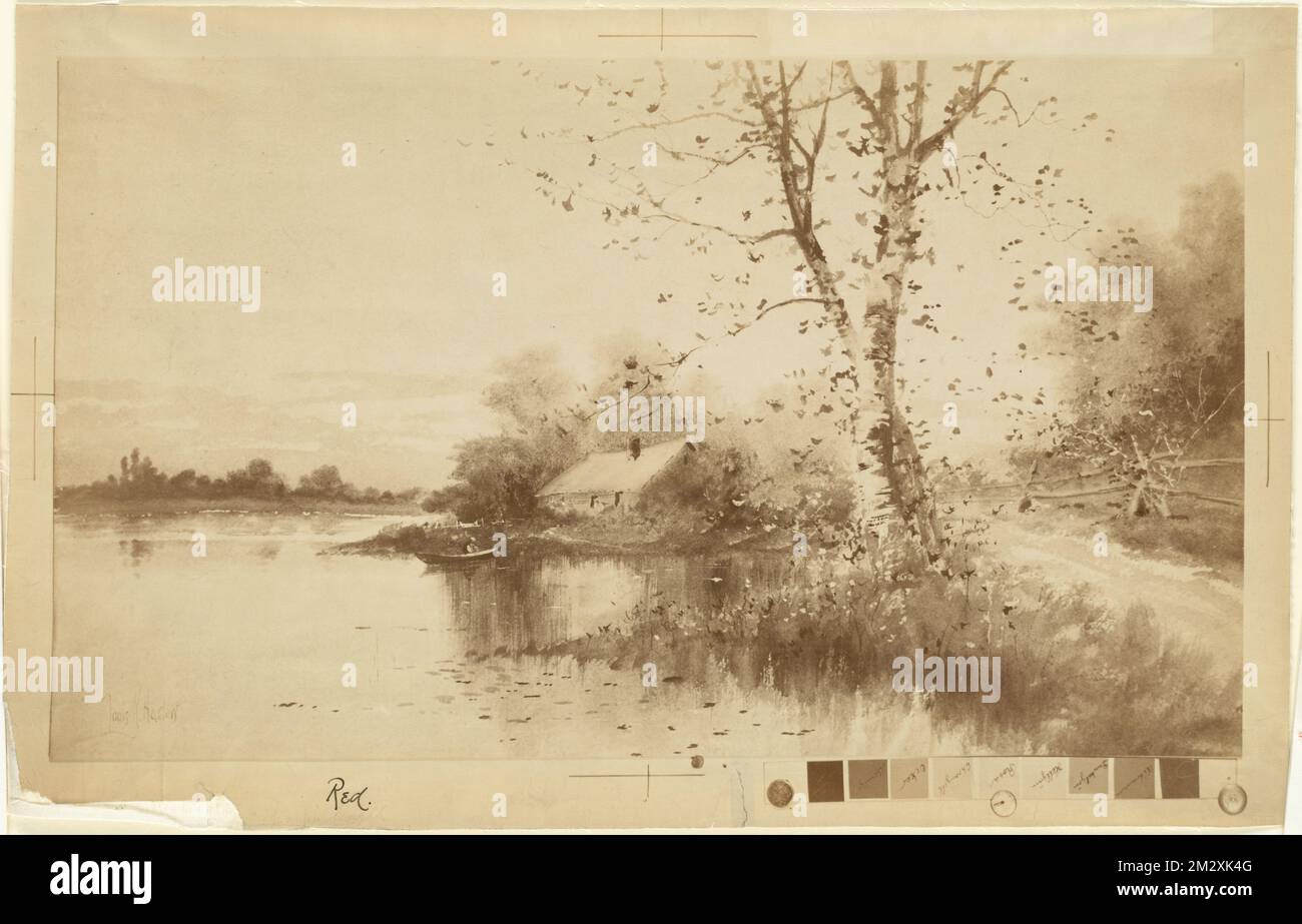 First lithographic print in the primary triad of colors , Houses, Boats ...
