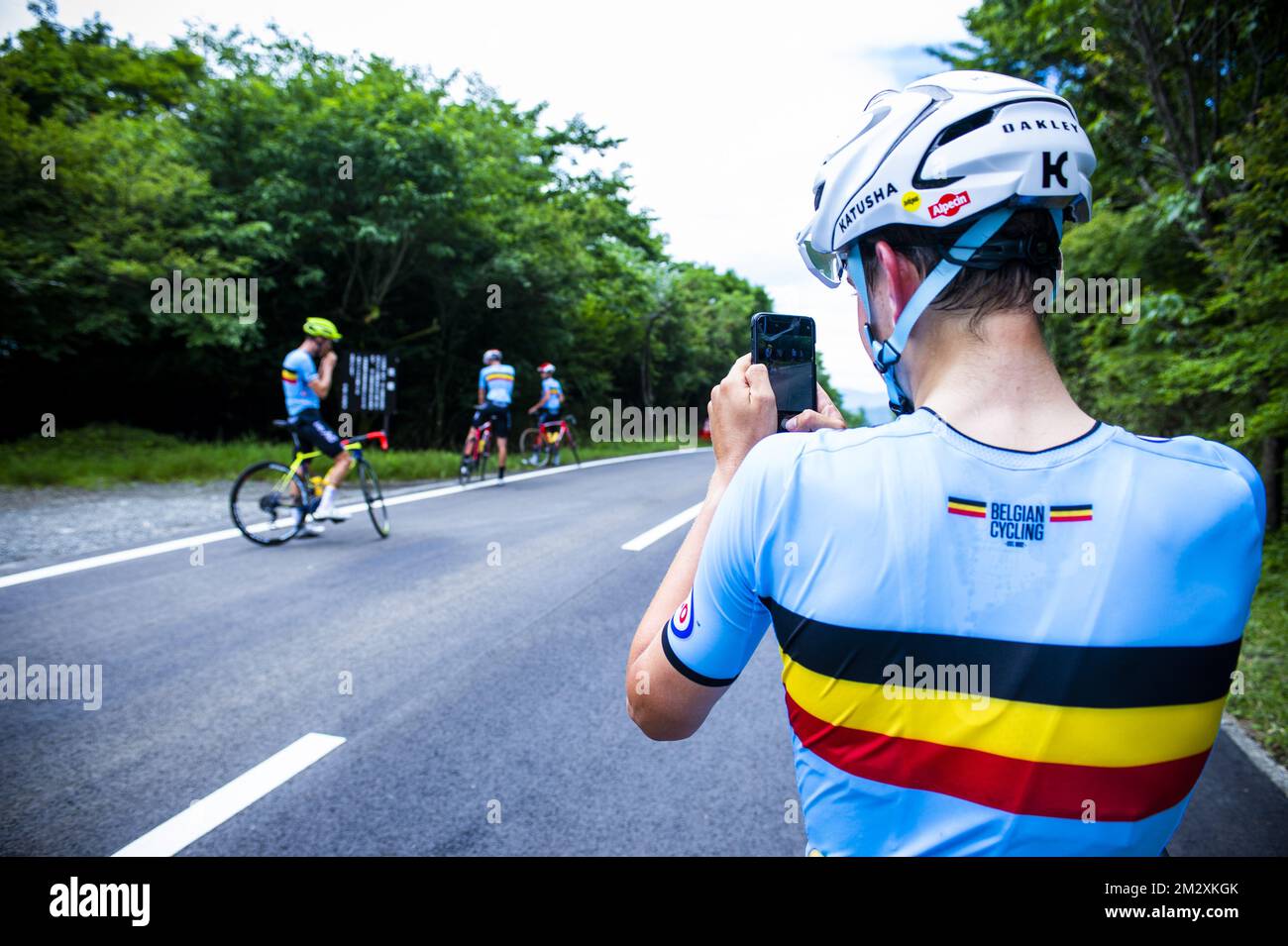 Belgian riders pictured in action during preparations ahead of Sunday's ...