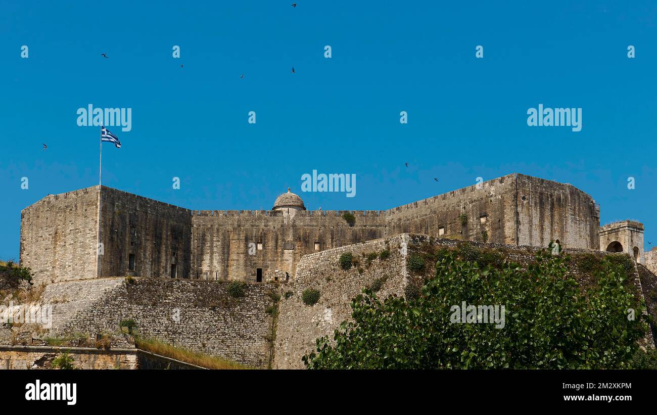 New Fortress, Mighty Fortress Walls, Greek National Flag, Blue Sky ...