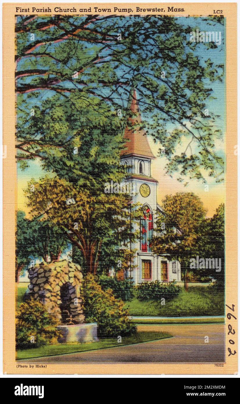 First Parish Church and town pump, Brewster, Mass. , Churches, Tichnor Brothers Collection ...