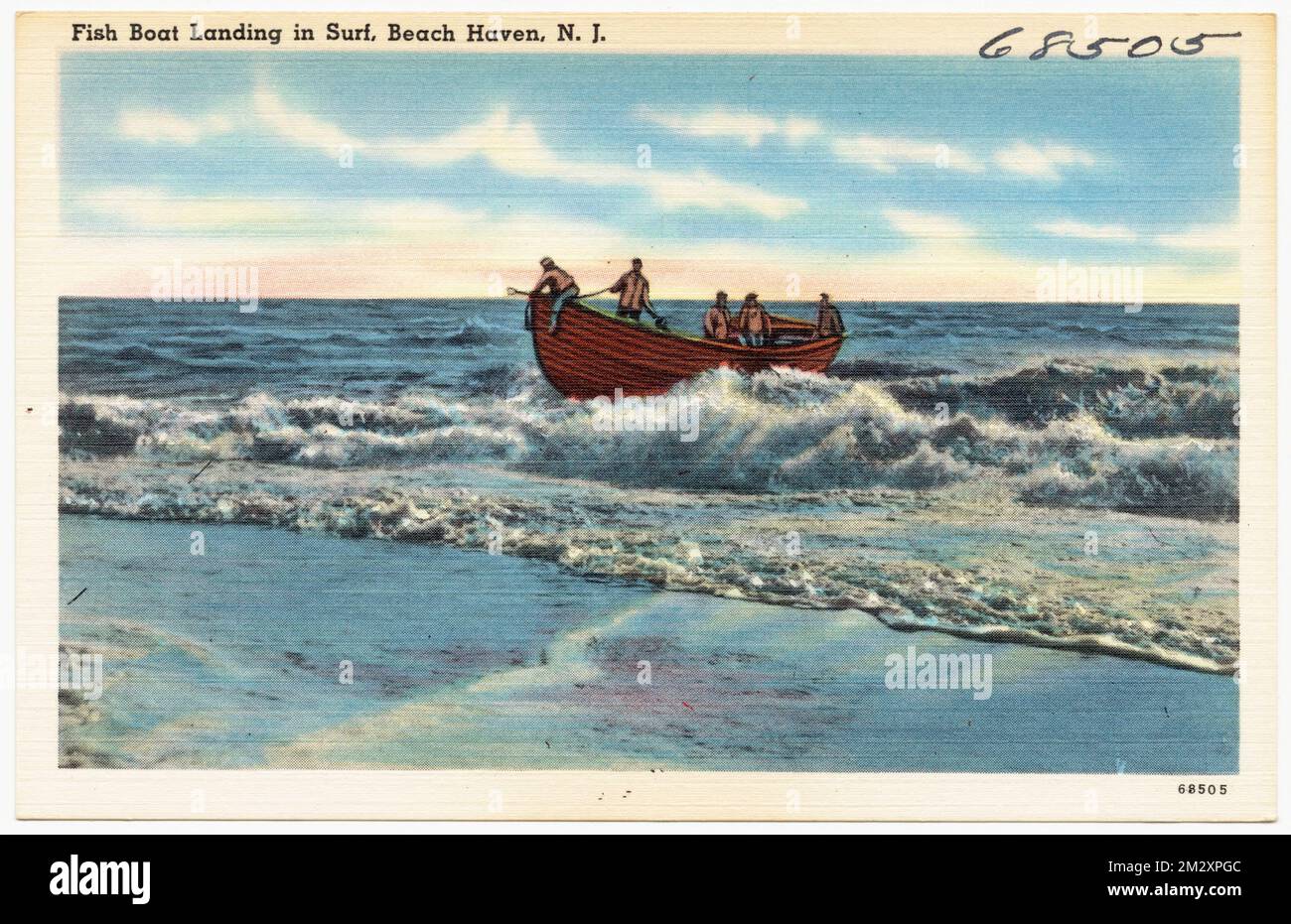 Fish boat landing in surf, Beach Haven, N. J. , Beaches, Boats, Tichnor ...