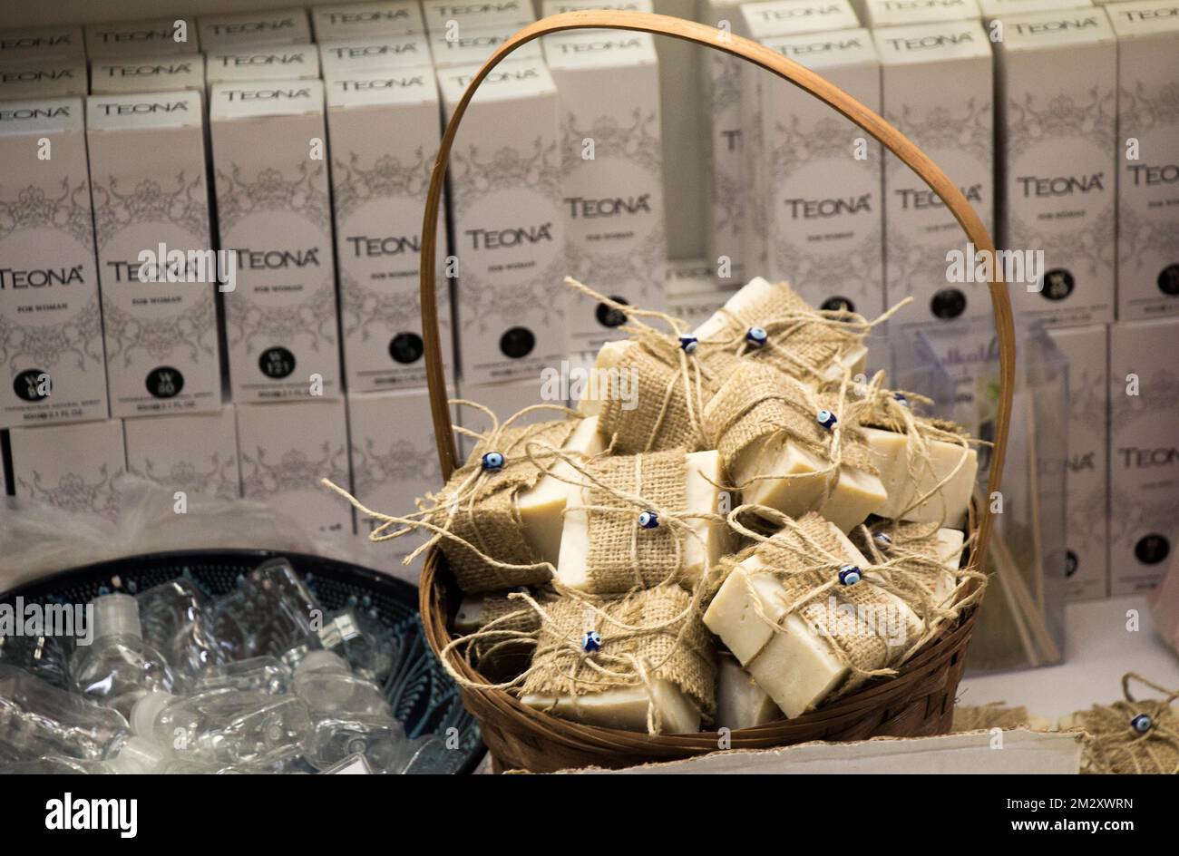 Collection of bars of fragrant hand made organic soap in a basket Stock ...