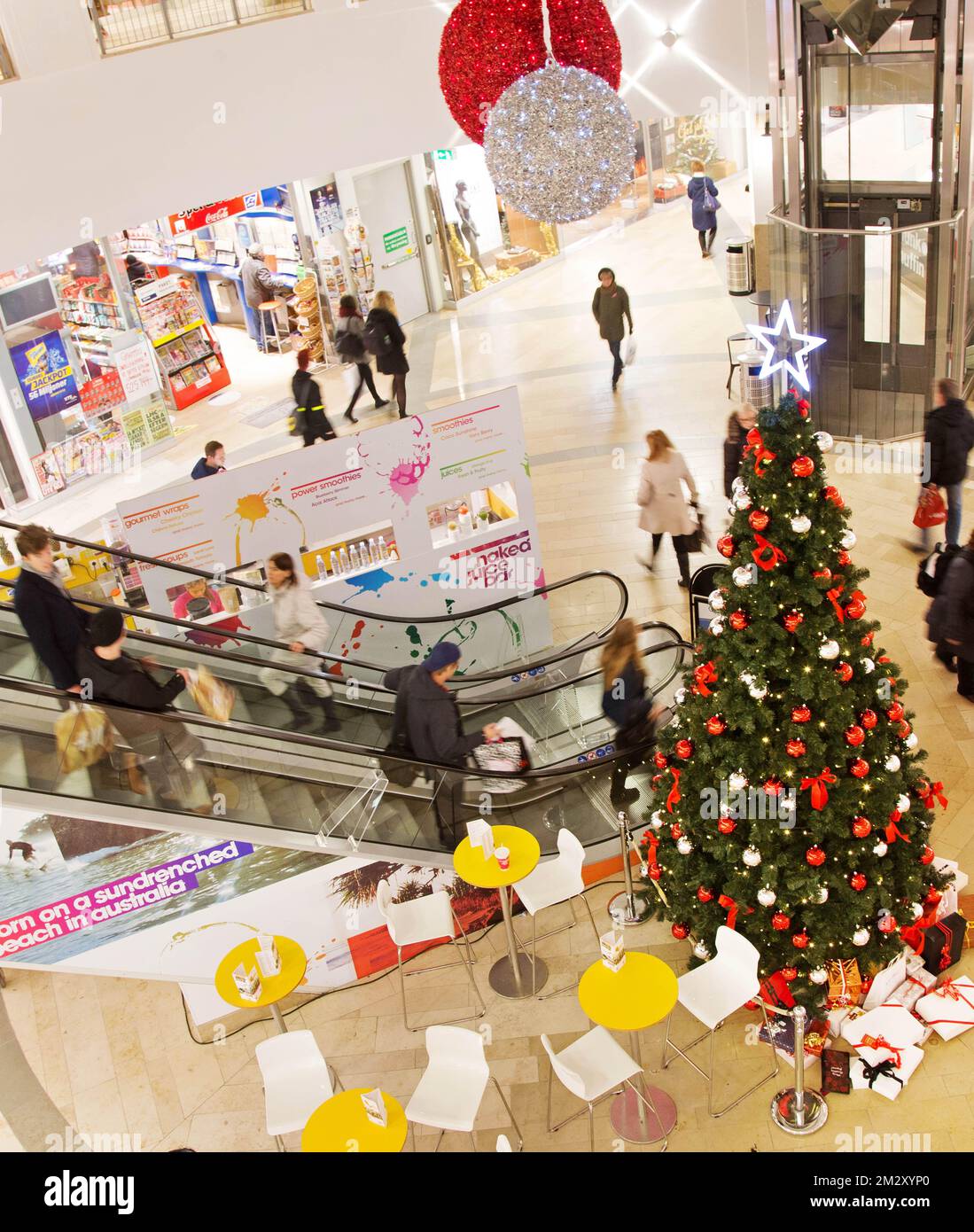 Christmas shopping, a Christmas tree, in a mall. People shopping for ...