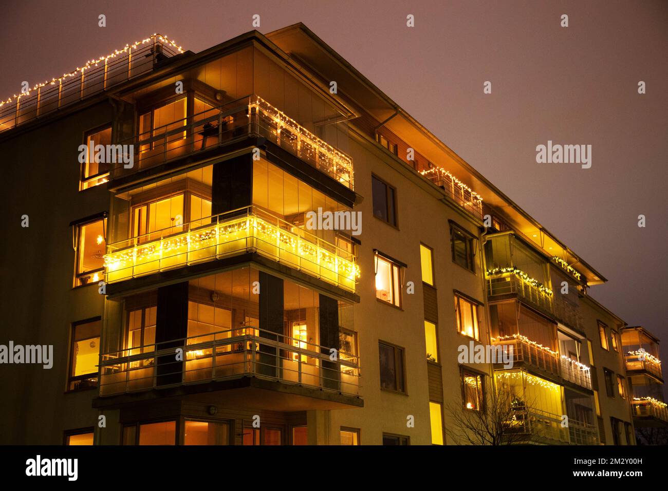 Apartment building with Christmas-decorated balconies in Advent Stock ...
