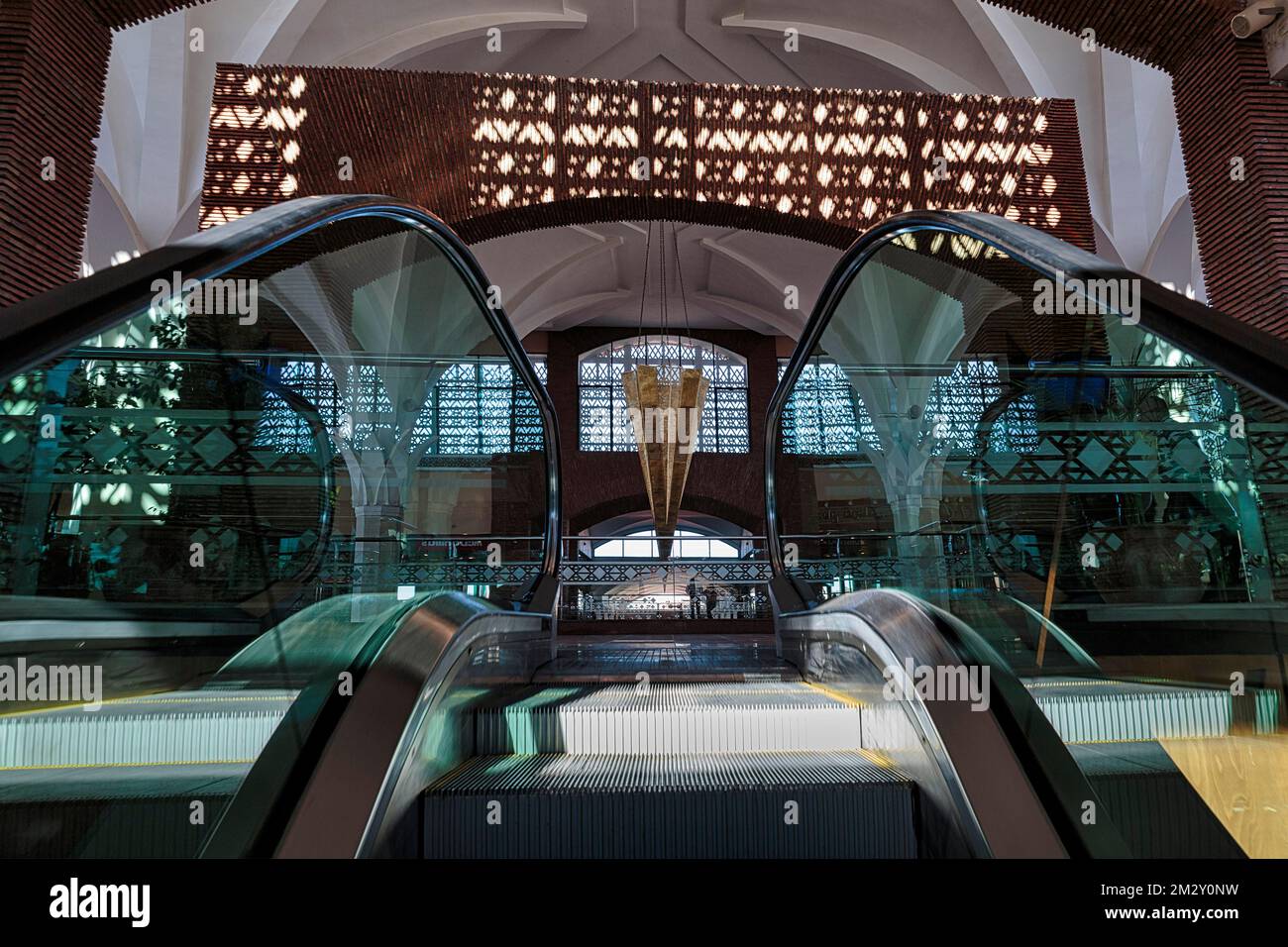 Escalator in the station concourse, interior shot, Marrakech railway ...