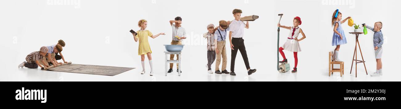 Collage. Little boys and girls, children, kids cleaning house, helping ...