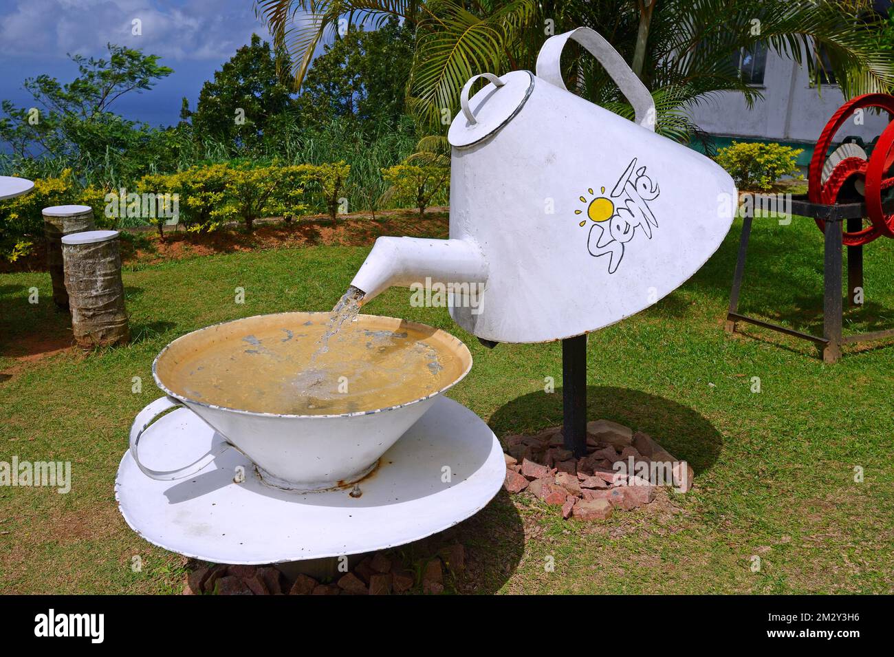 Oversized teapot and teacup on the grounds of the Seyte Tea Company ...