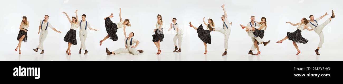 Collage. Young people, man and woman in stylish retro clothes dancing ...