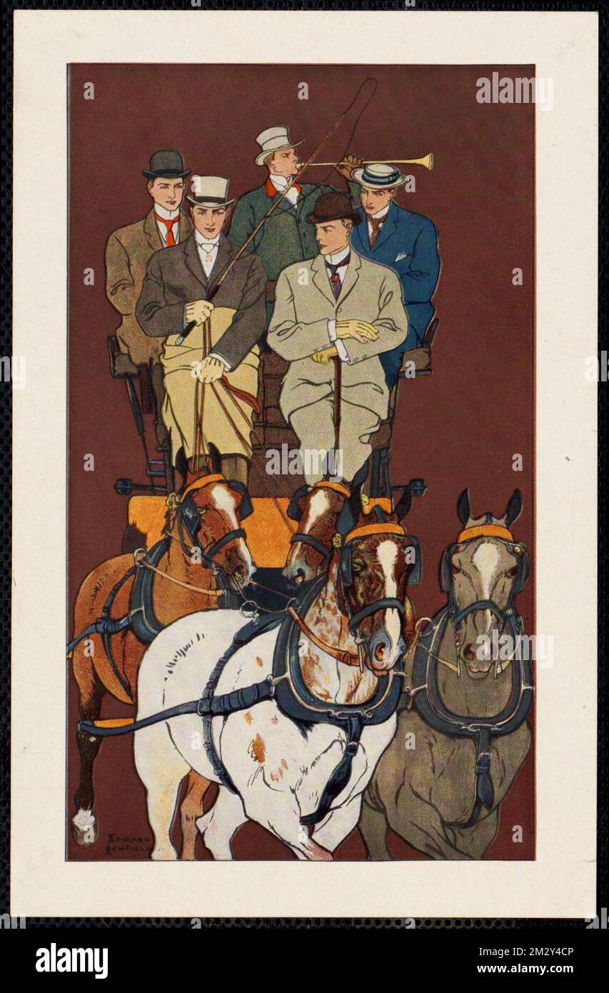 Five men riding in a carriage drawn by four horses , Horses, Carriages ...