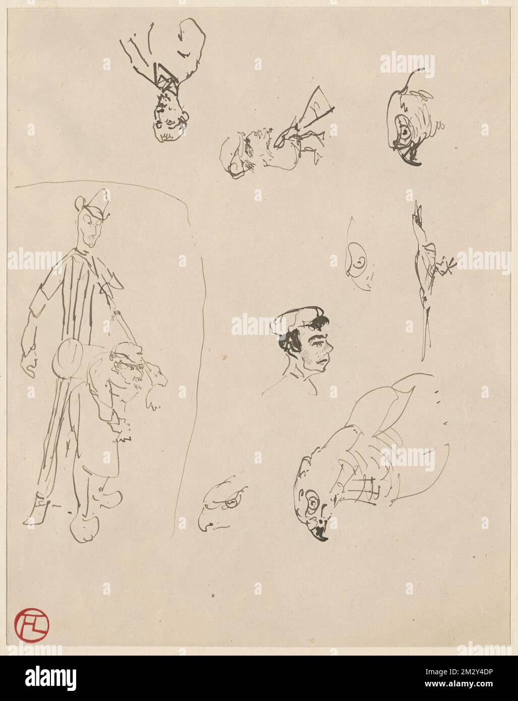 Five studies of a parrot, three head studies, a tall and a short figure ...
