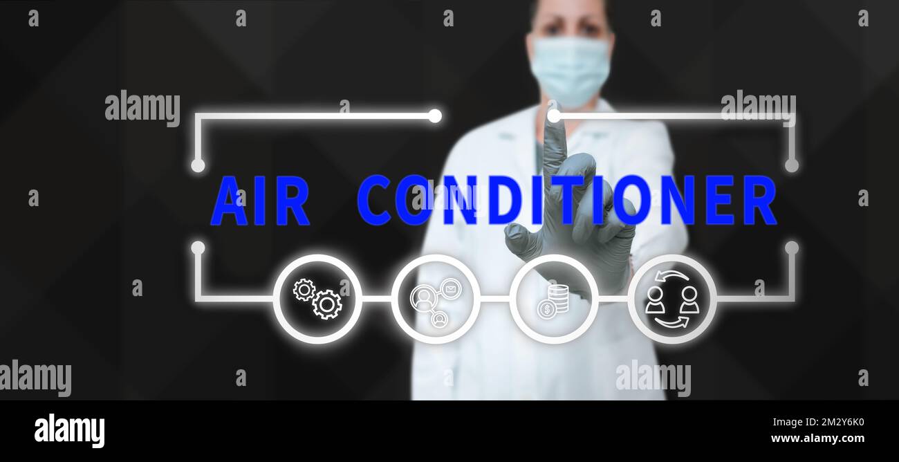 Hand writing sign Air Conditioner. Business showcase apparatus for ...