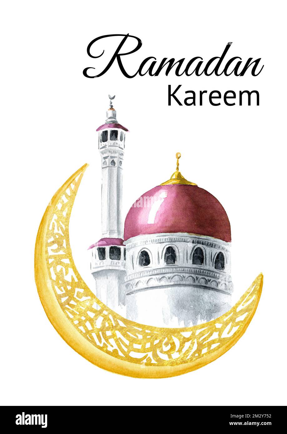 Islamic decoration card with arabic mosque, crescent moon, ramadan ...