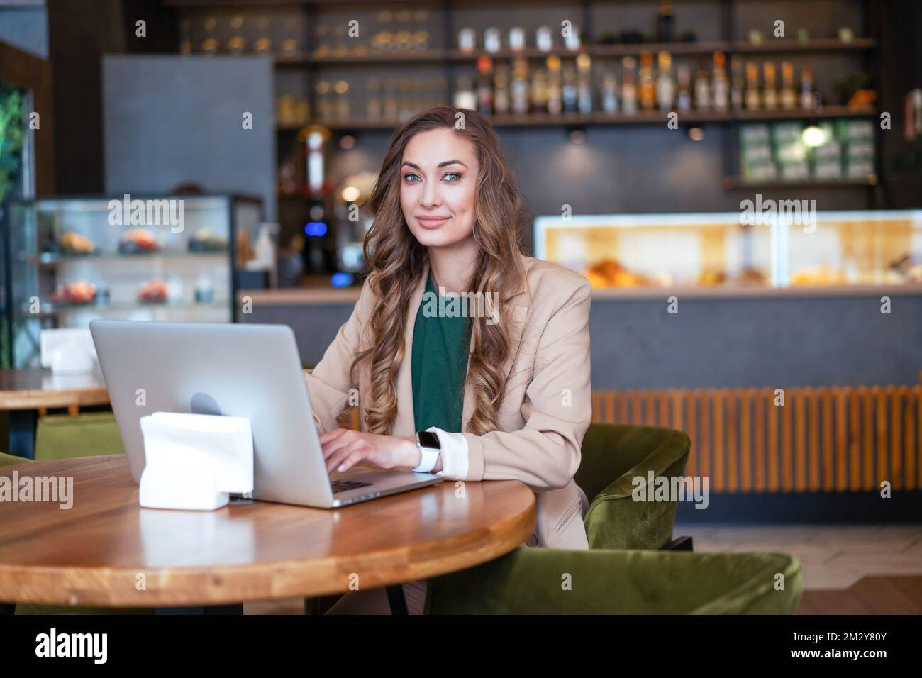 Business Woman Restaurant Owner Use Laptop In Hands Dressed Elegant ...
