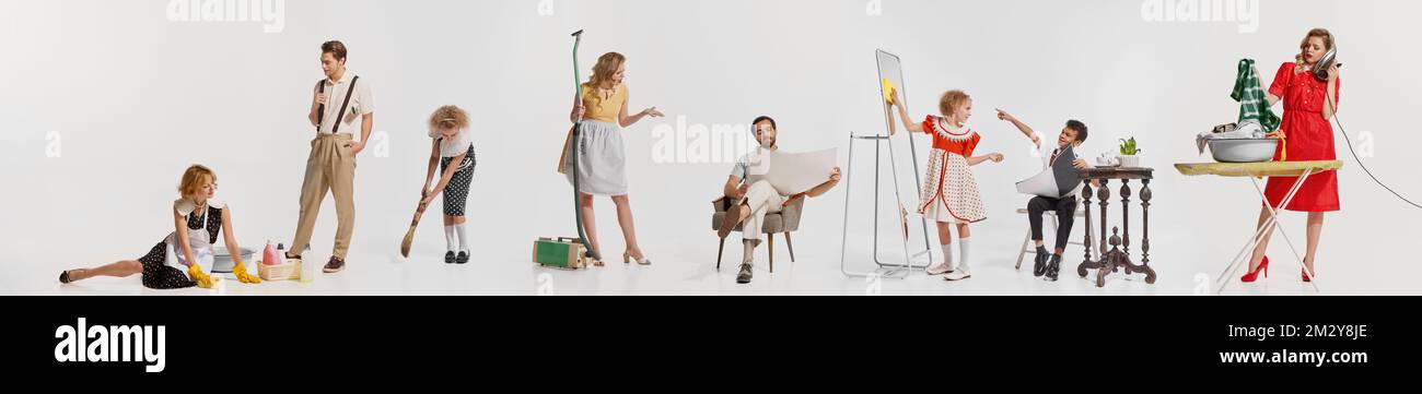 Collage. Man, woman and kids doing different home tasks, cleaning ...