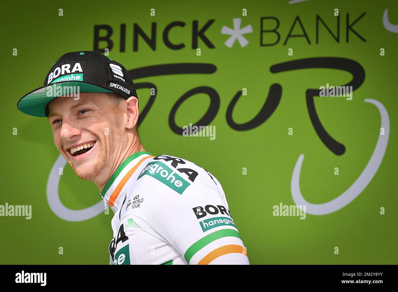 Irish Sam Bennett of Bora-Hansgrohe celebrates on the podium after ...