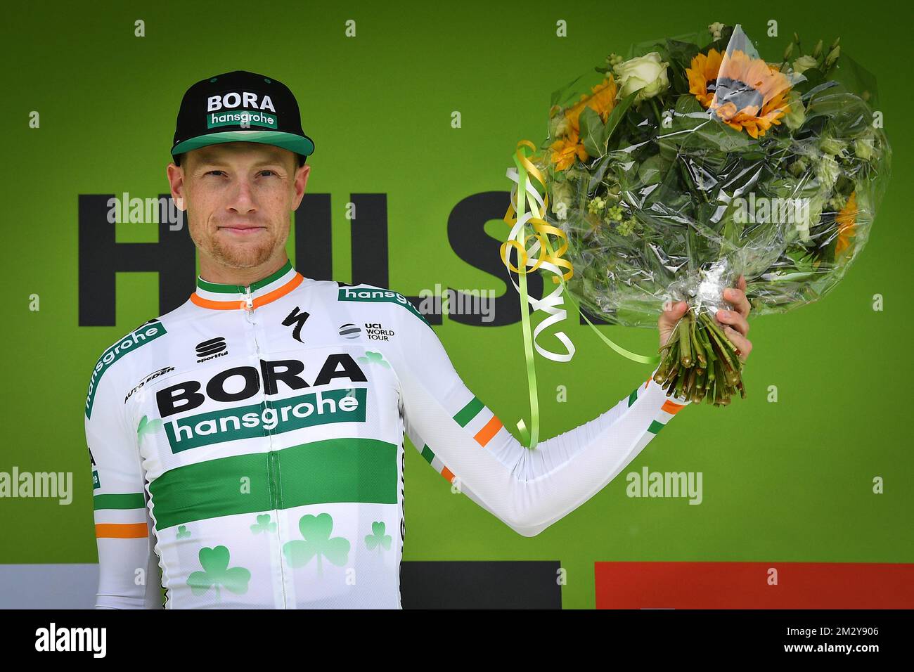 Irish Sam Bennett of Bora-Hansgrohe celebrates on the podium after ...