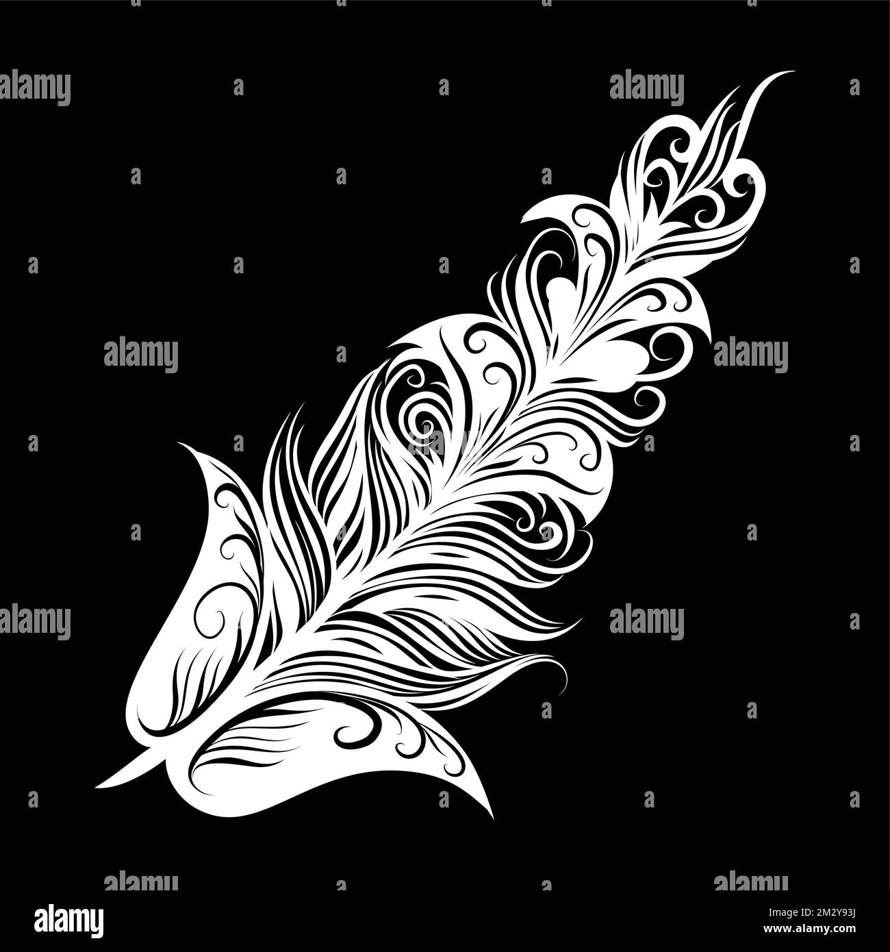 Beautiful Hand Drawn Feather Doodle, Curly Boho Sketch Isolated on ...