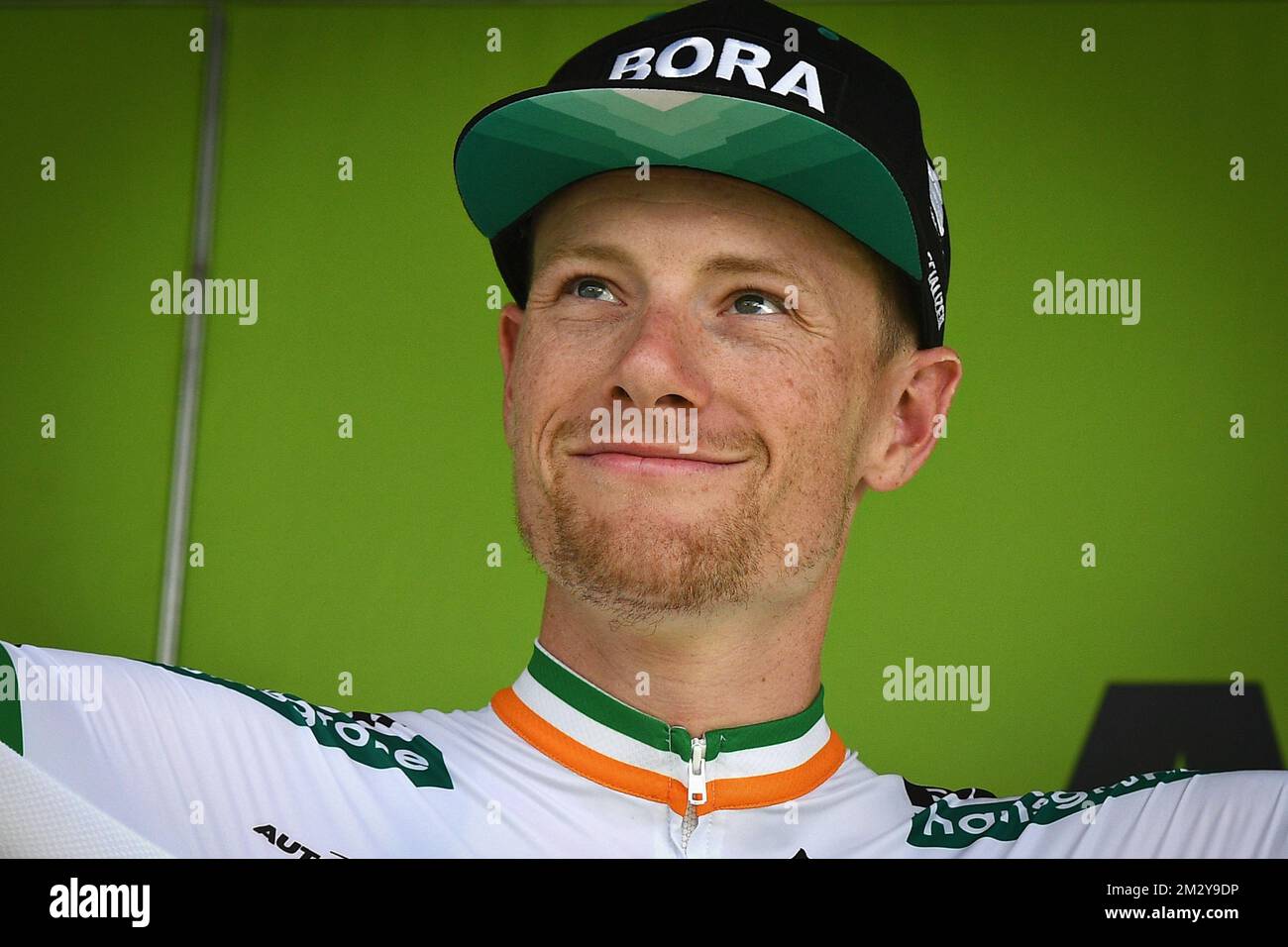 Irish Sam Bennett of Bora-Hansgrohe celebrates on the podium after ...