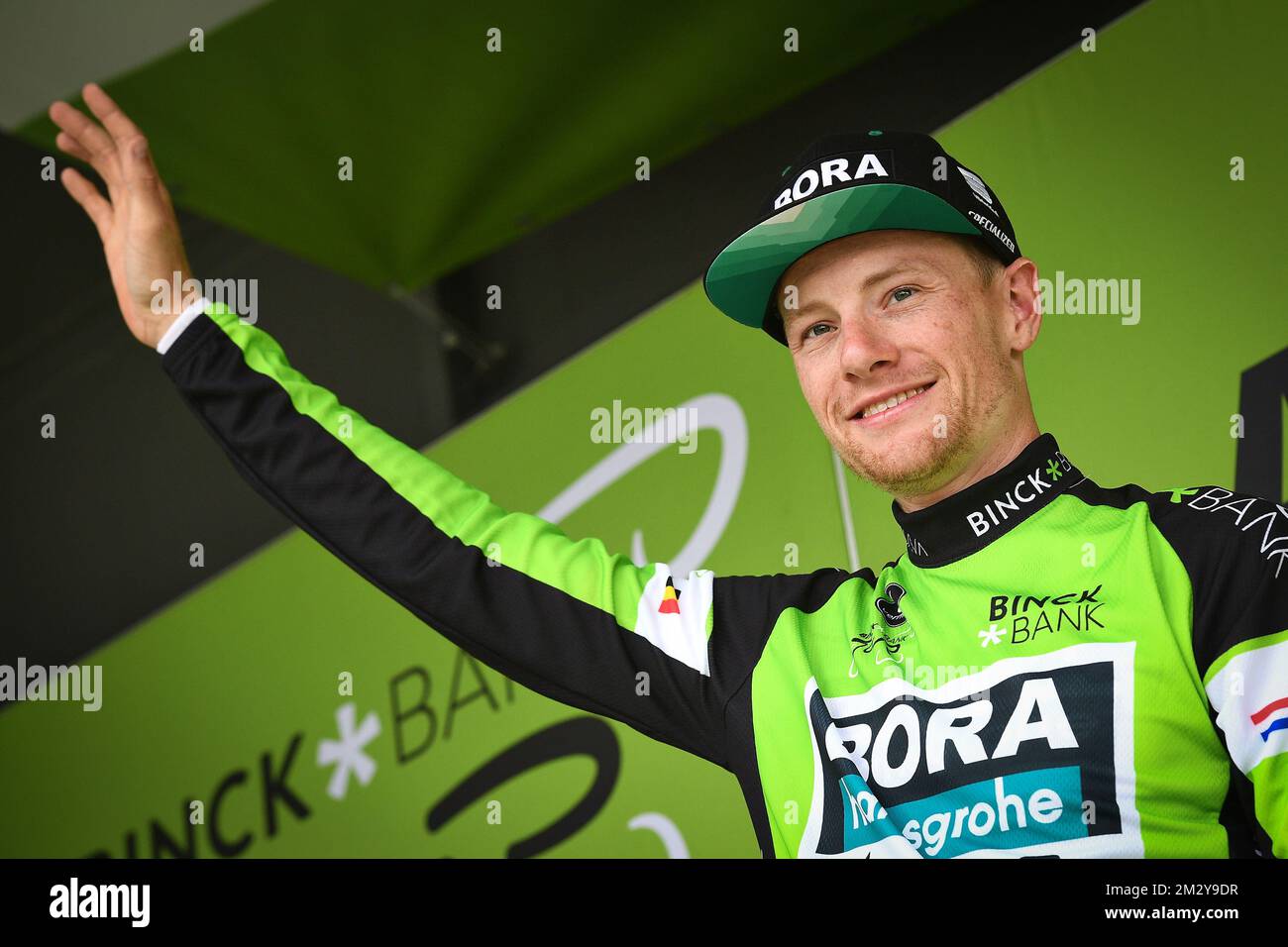 Irish Sam Bennett of Bora-Hansgrohe celebrates on the podium in the ...