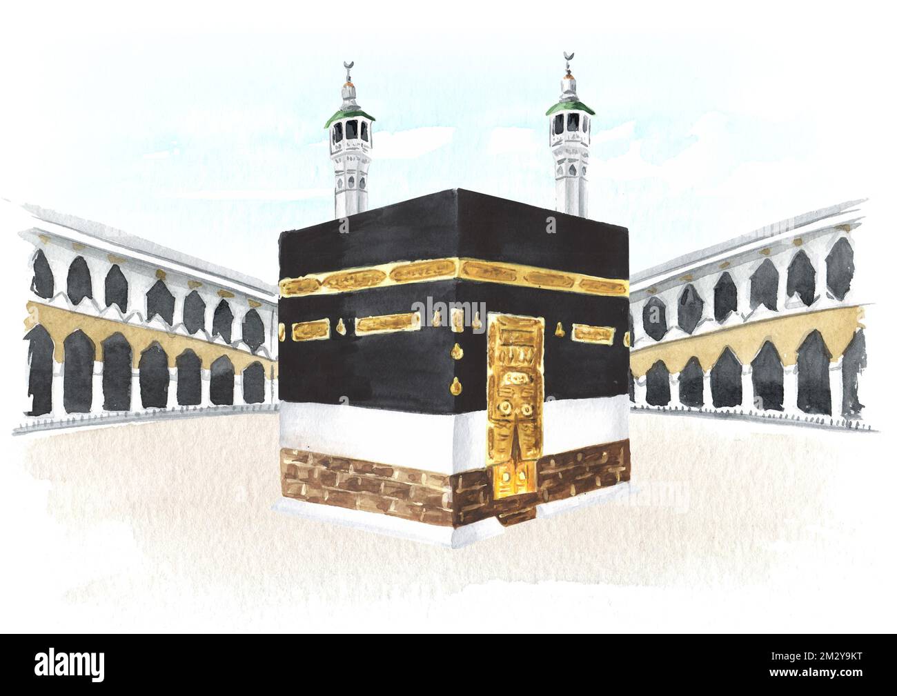 Kaaba and minarets of Grand Mosque of Mecca in Saudi Arabia . Hand ...