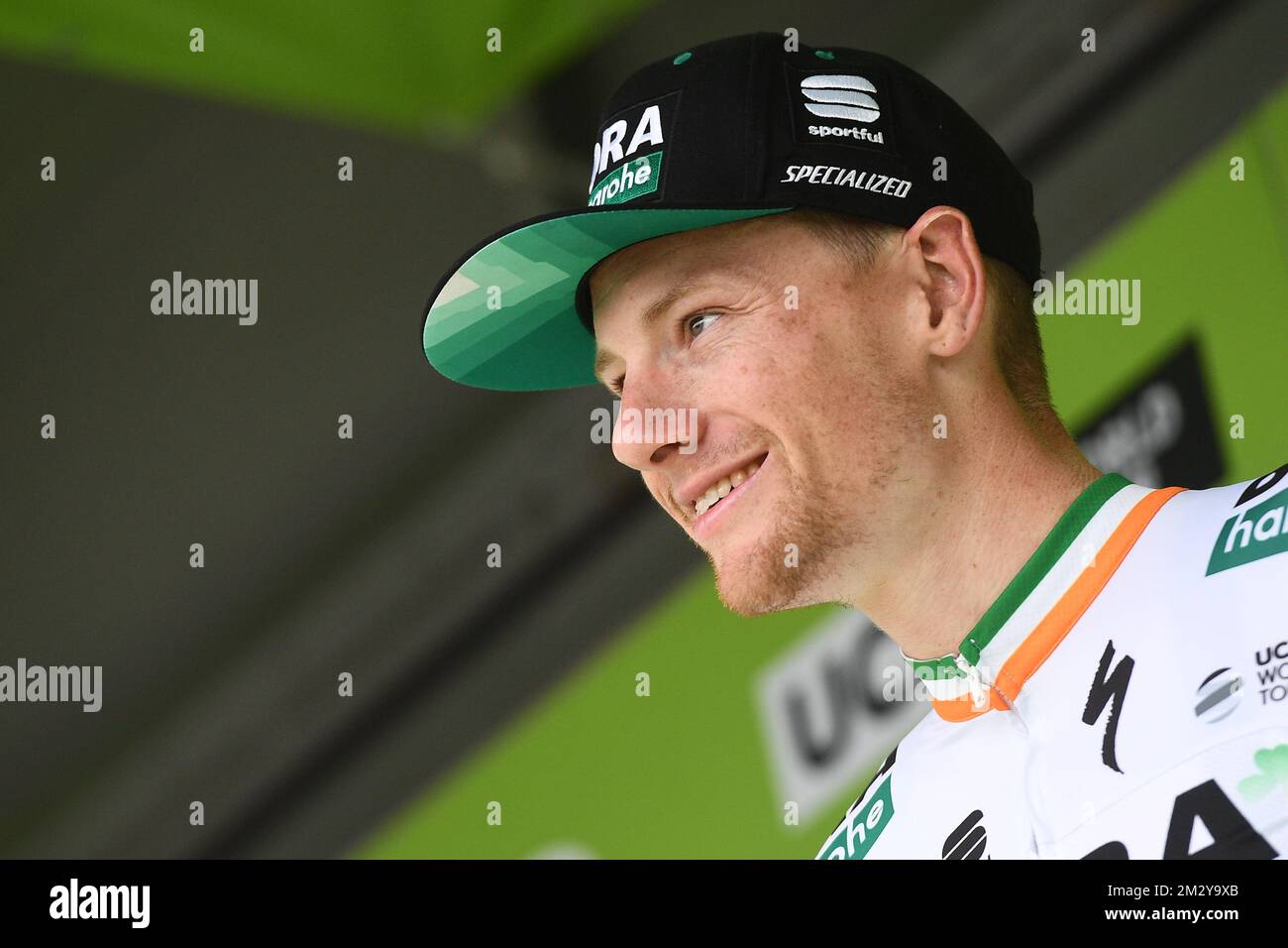 Irish Sam Bennett of Bora-Hansgrohe celebrates on the podium after ...