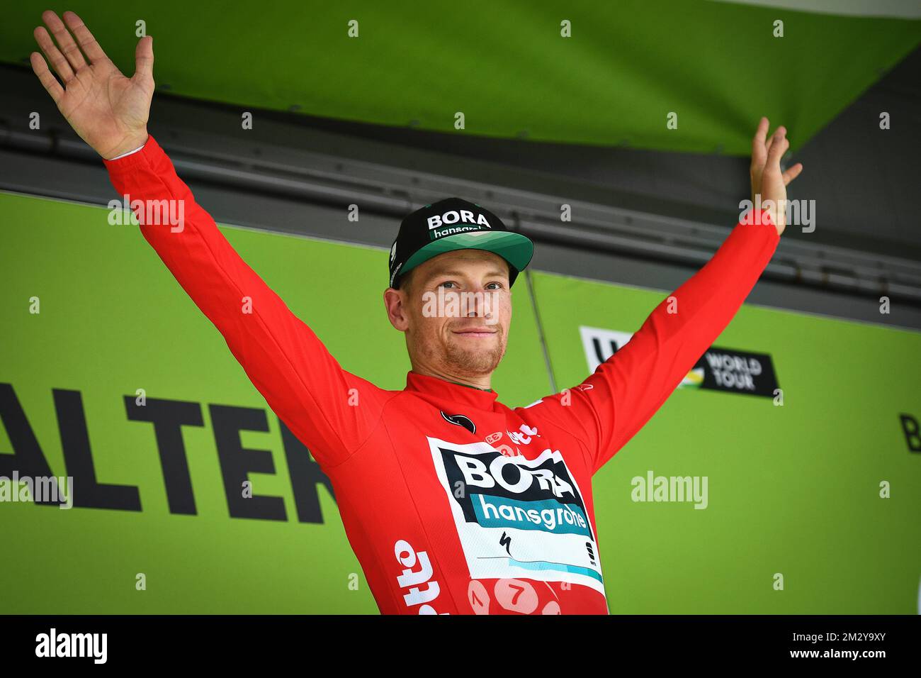 Irish Sam Bennett of Bora-Hansgrohe wearing the red jersey for leader ...