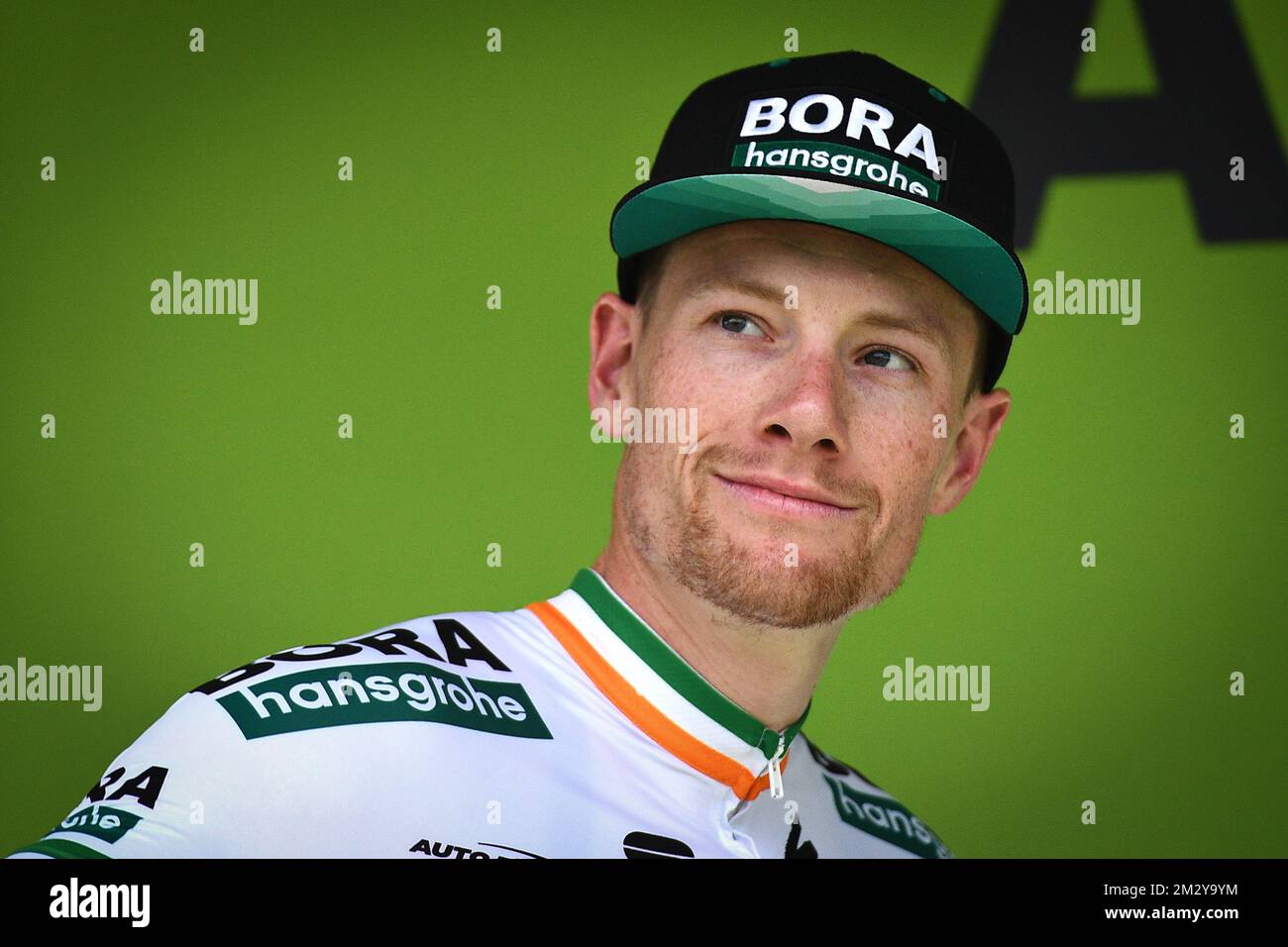 Irish Sam Bennett of Bora-Hansgrohe celebrates on the podium after ...