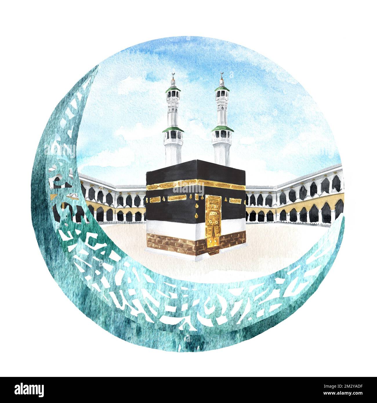 Kaaba and minarets of Grand Mosque in Mecca, islamic pilgrimage concept ...