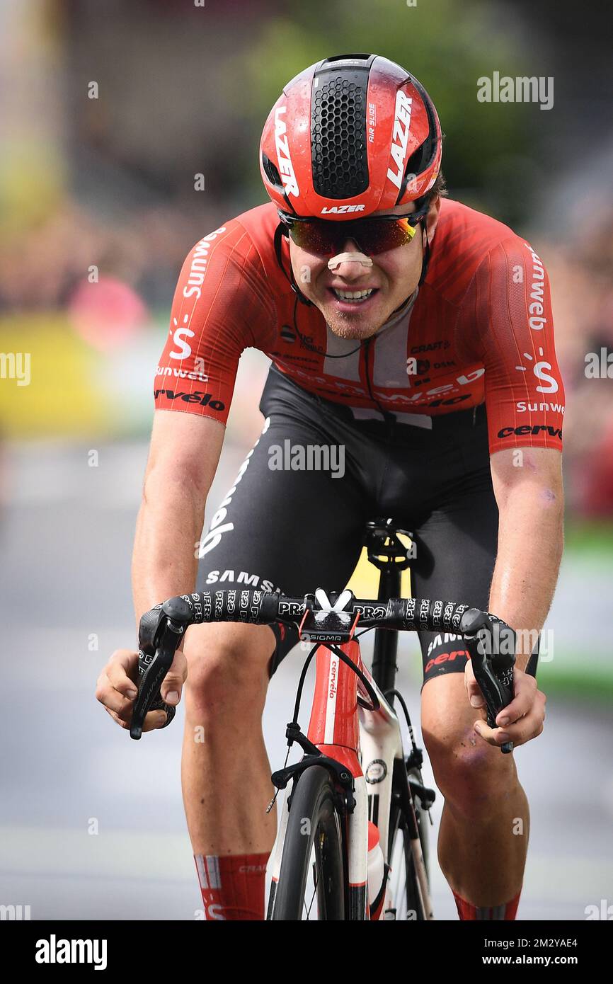 Swiss Marc Hirschi of Team Sunweb crosses the finish line of the fourth ...