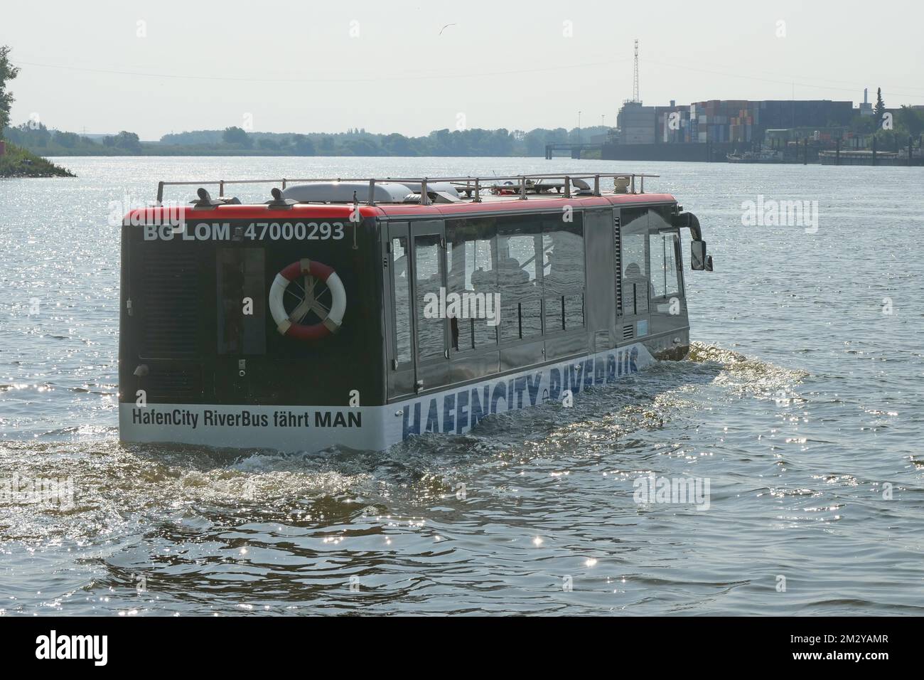 The Hafencity RiverBus, a combination of coach and passenger ship, dips ...