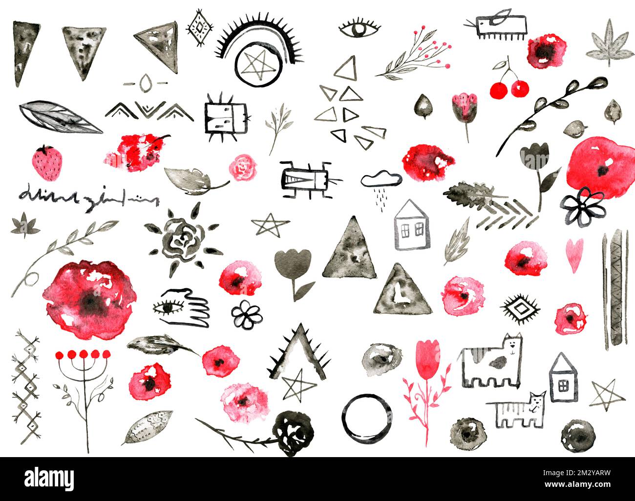 Ink abstract symbols. Botanical and geometric ink black and red ...