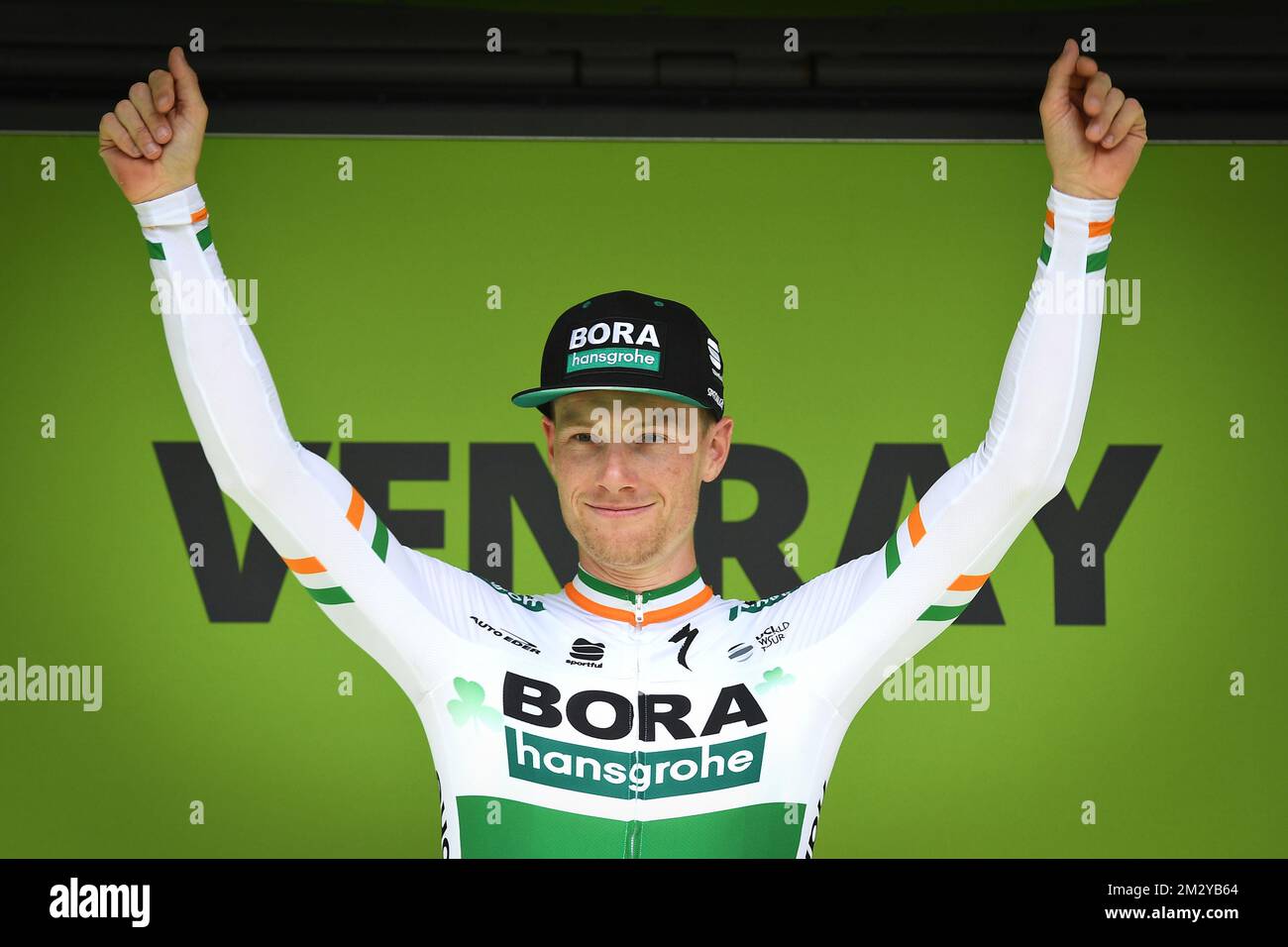 Irish Sam Bennett of Bora-Hansgrohe pictured on the podium after the ...