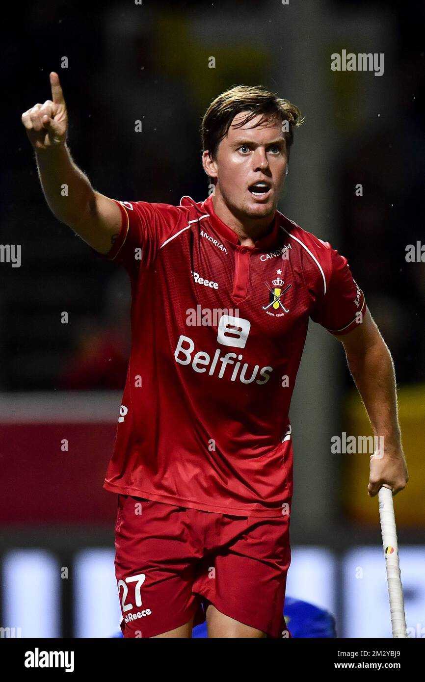 Belgium's Tom Boon celebrates after scoring during a hockey game ...