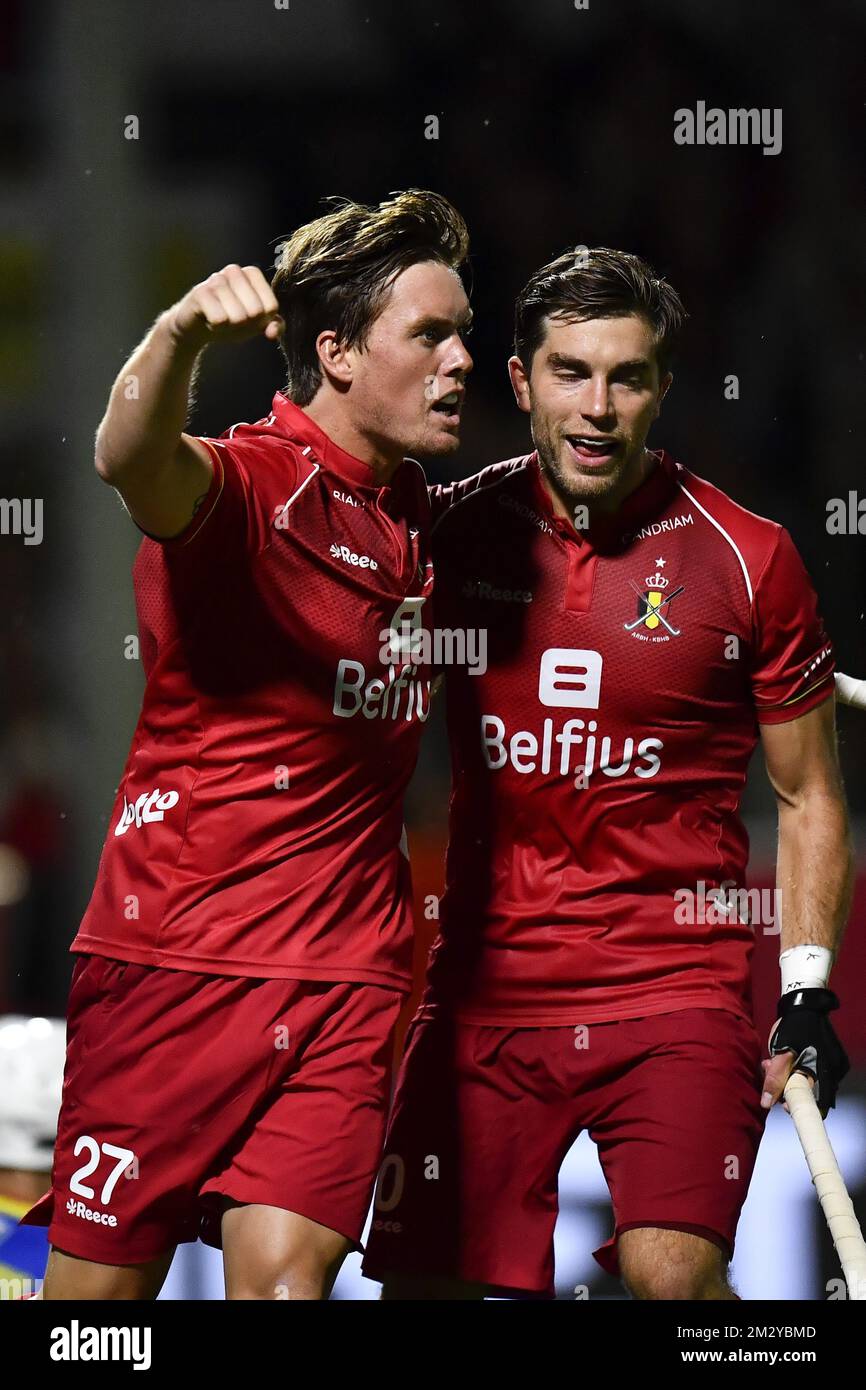 Belgium's Tom Boon celebrates after scoring during a hockey game ...