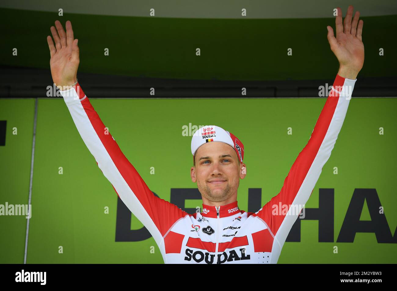 Belgian Tim Wellens of Lotto Soudal wearing the green jersey of leader ...