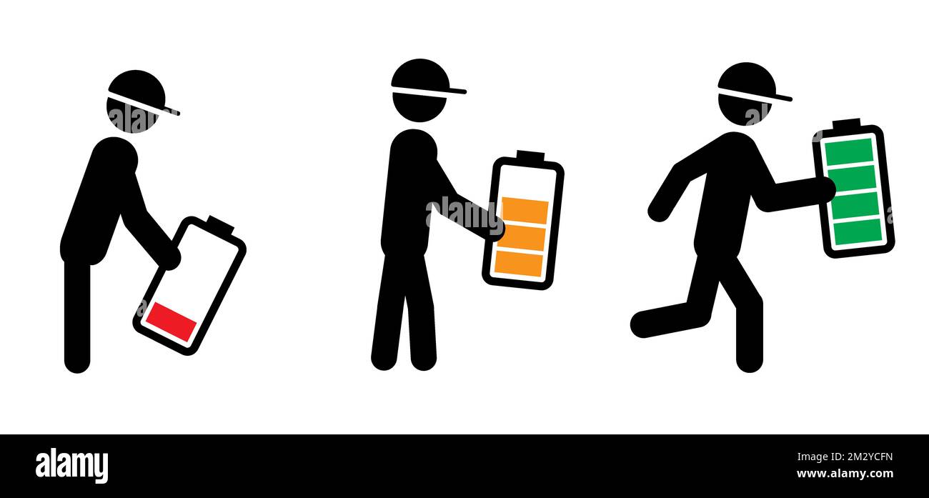 Life energy. Stickman, Businessman with red low battery and stick man ...