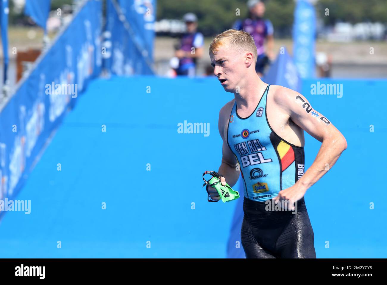 Belgian Maarten Van Riel, pictured after the swim of the mixed relay ...