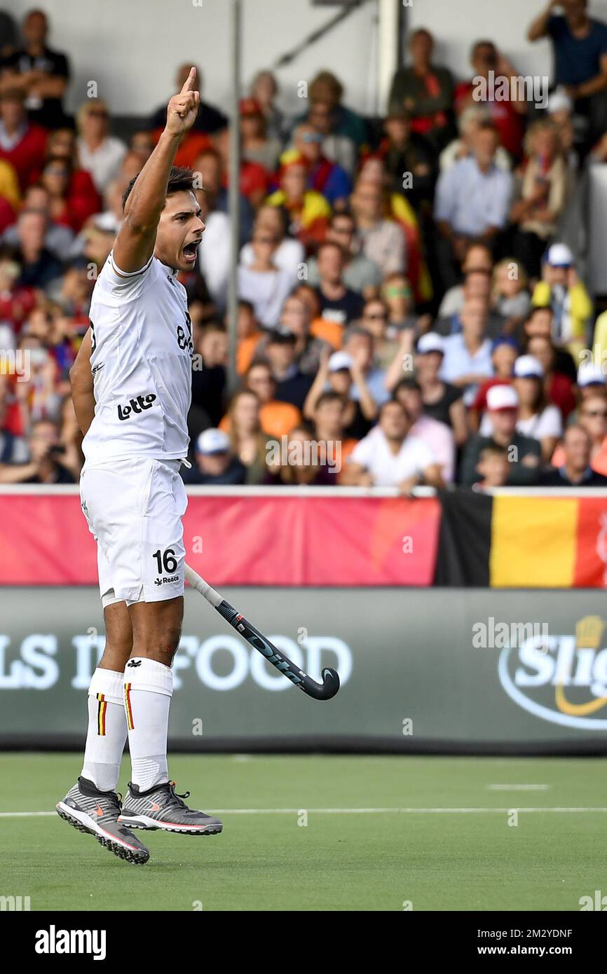 Belgium's Alexander Hendrickx celebrates after scoring during a hockey ...