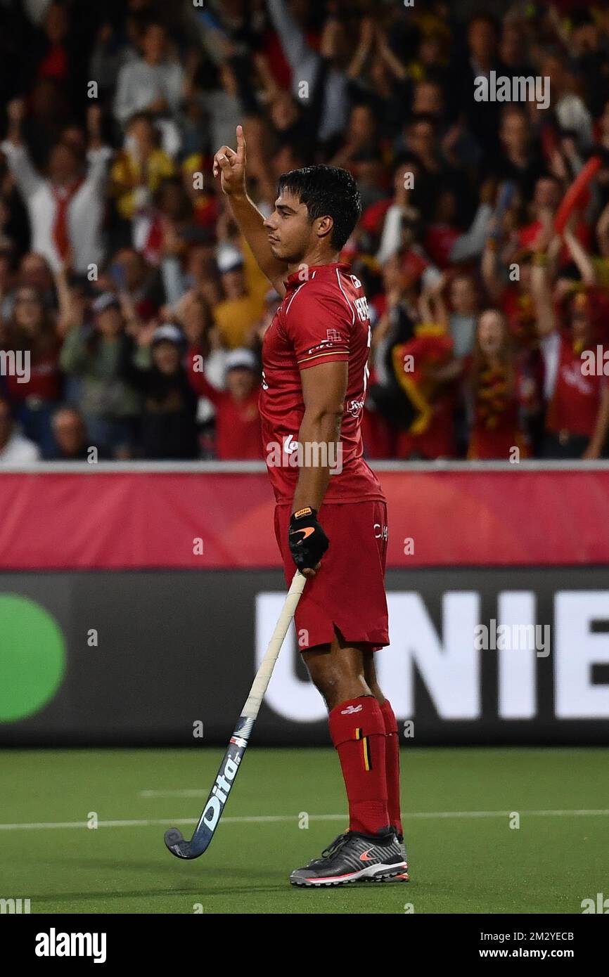 Belgium's Alexander Hendrickx celebrates after scoring during a hockey ...