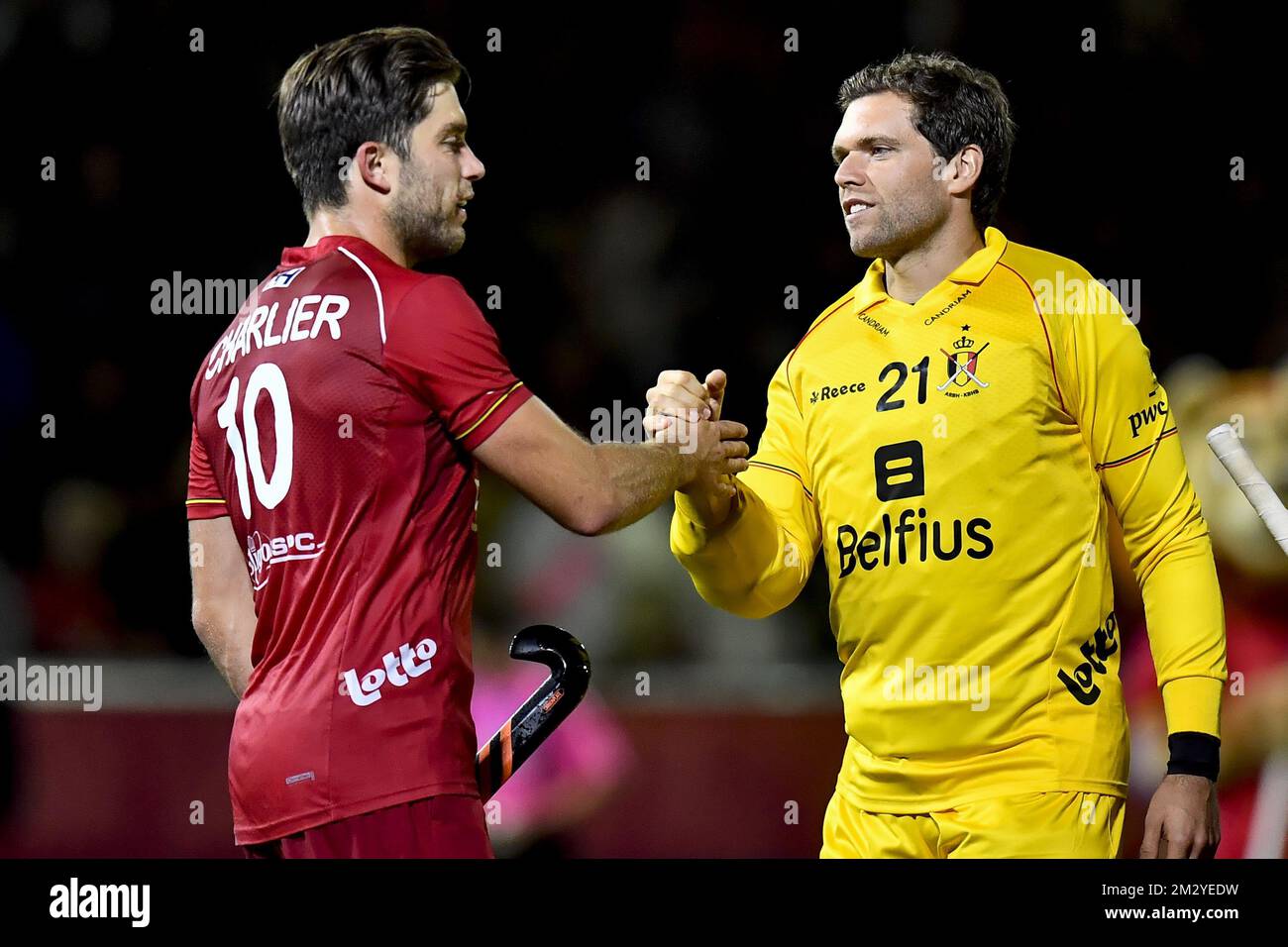 Belgium's Cedric Charlier and Belgium's goalkeeper Vincent Vanasch ...