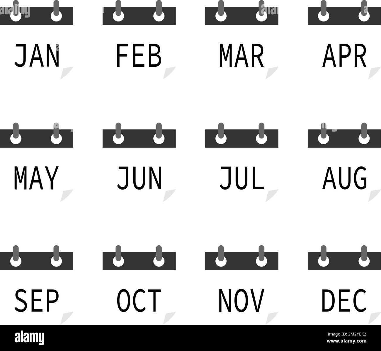 A digital illustration of a set of icons for all the months on a white ...