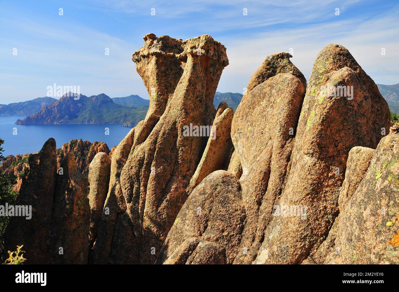 Granite rock formation on the coastal road through the Calanche de ...