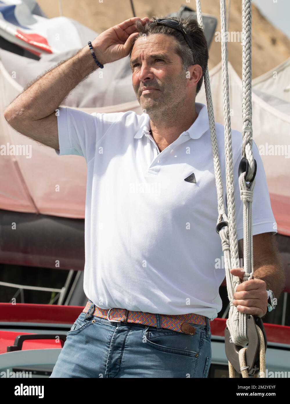 Belgian skipper Denis Van Weynbergh pictured on his boat in Oostende ...